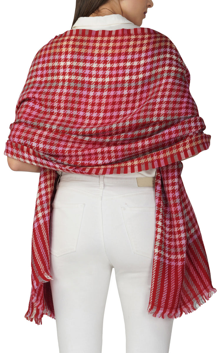 Rouge Houndstooth Weave Merino Jacquard | Fine Merino Wool Stole & Muffler – The Yarn Story