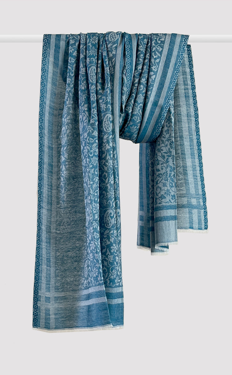 Cobalt Blue Wool Jacquard Shawl | Fine Wool | Wool Jacquard Shawl – The ...