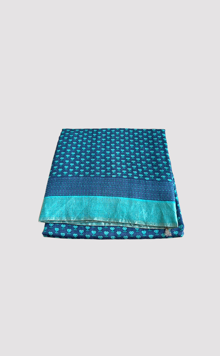 Tussar Kantha Teal Palmette Flourish Saree | Sarees & Suits | Silk ...